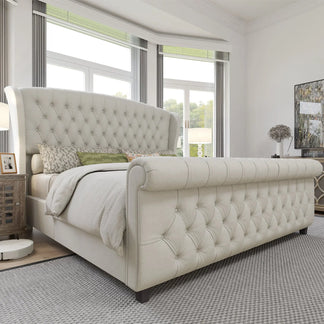 Amerlife Bruco Bed Frame Queen Size Velvet Upholstered Platform Sleigh