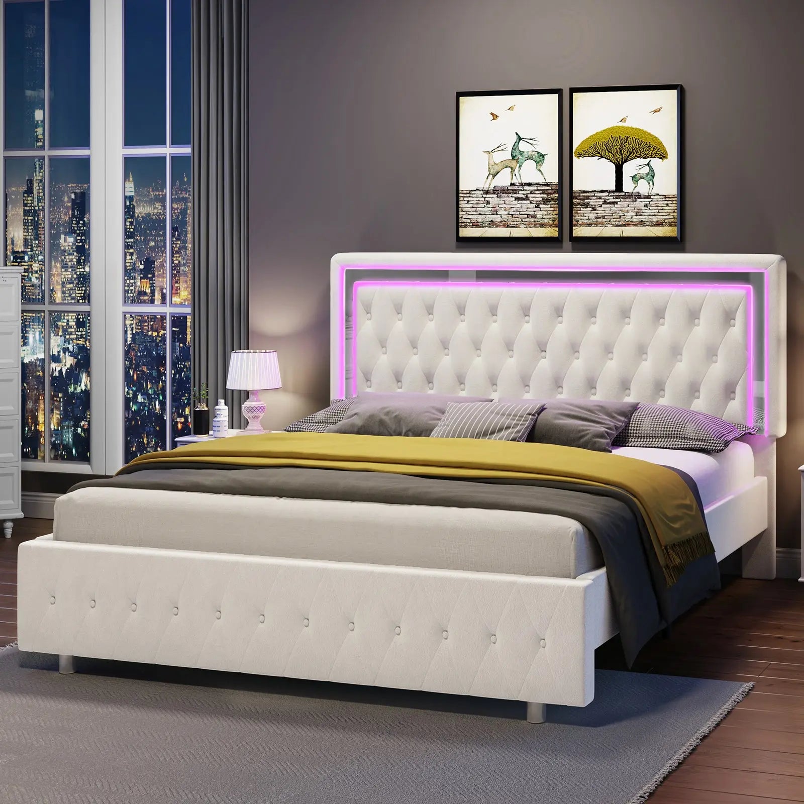AMERLIFE Hues Bed Frame Velvet Upholstered LED Lights Platform Bed No Box Spring Needed Queen Black
