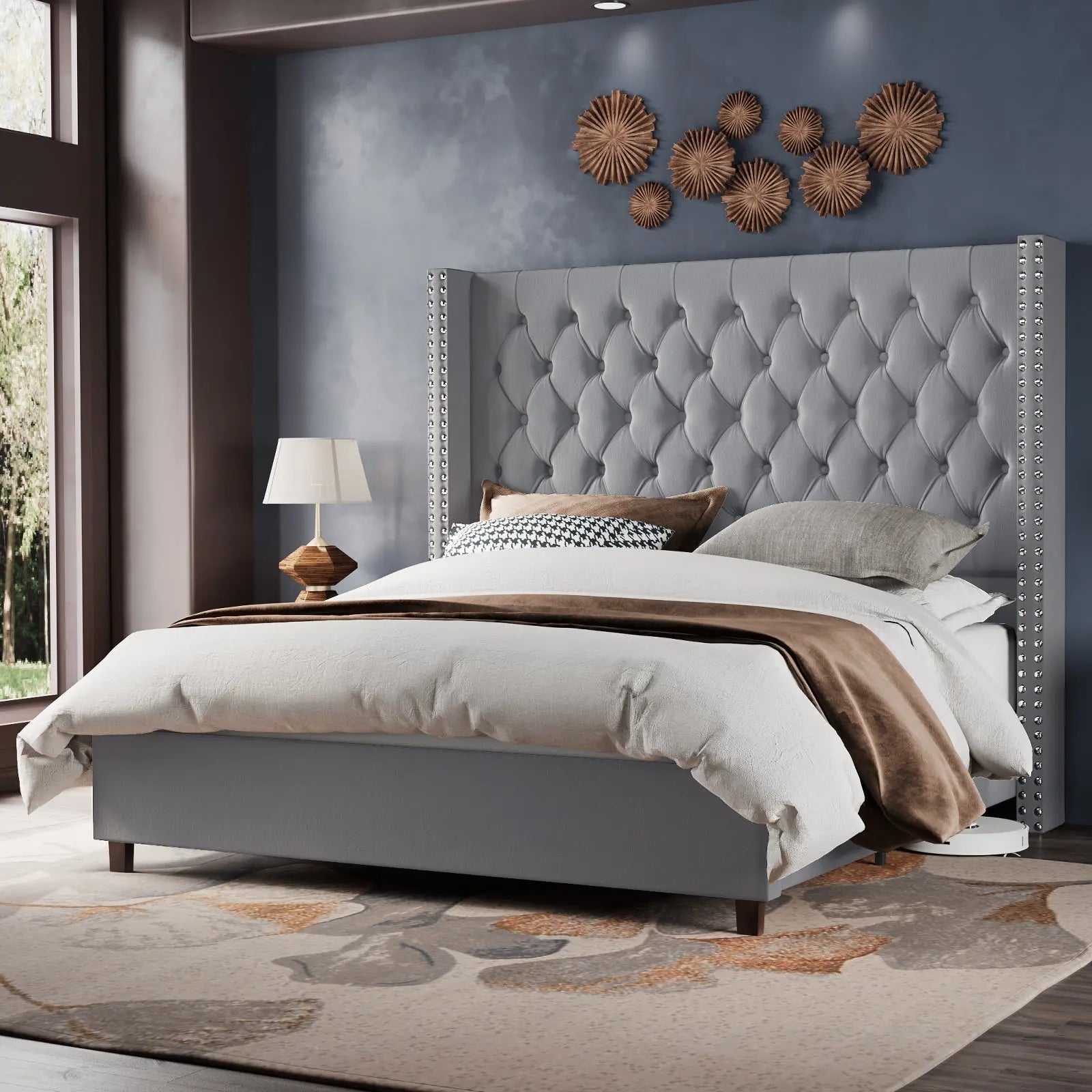 Grey padded bed frame store