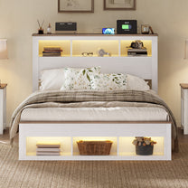 Amerlife Larkin Storage Bed Frame Farmhouse LED Wood Platform Bed No ...