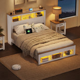 Amerlife Larkin Storage Bed Frame Farmhouse LED Wood Platform Bed No ...