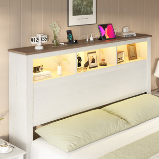 Amerlife Larkin Storage Bed Frame Farmhouse LED Wood Platform Bed No ...