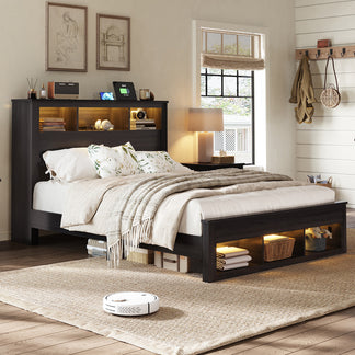 Amerlife Larkin Storage Bed Frame Farmhouse LED Wood Platform Bed No ...