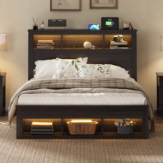 Amerlife Larkin Storage Bed Frame Farmhouse LED Wood Platform Bed No ...