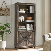 Amerlife Bret Farmhouse Bookcase with Doors, 5 Shelf Bookshelf Storage ...