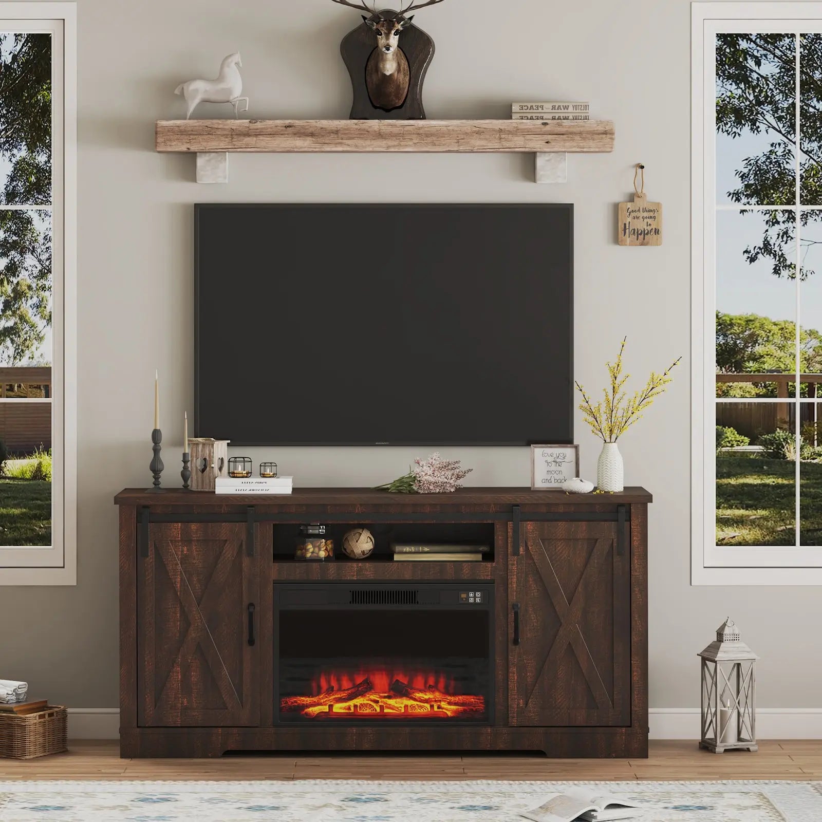 AMERLIFE Renner 59 Fireplace TV Stand Modern Farmhouse Storage Sliding Barn Door Wood Entertainment Center Dark Walnut