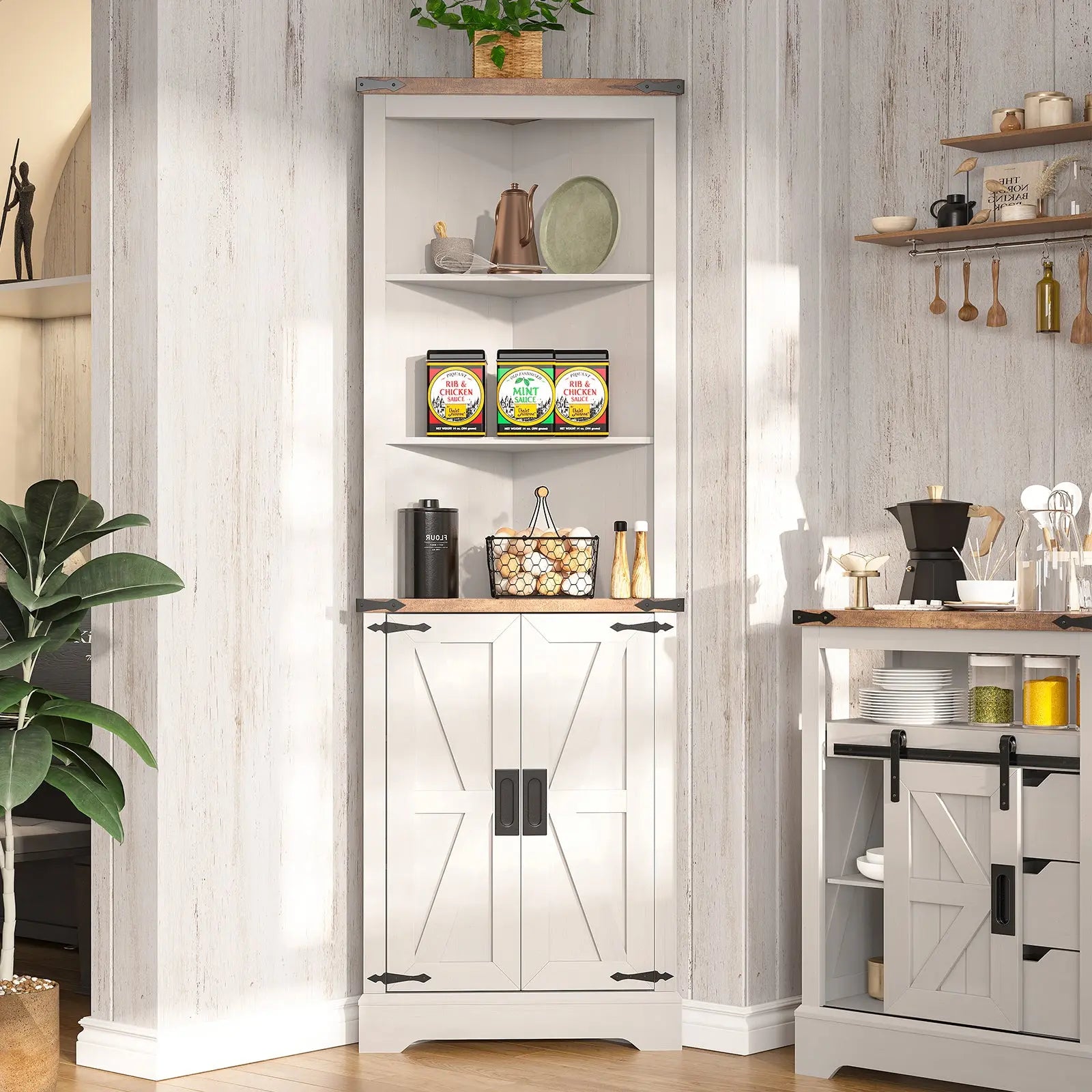 AMERLIFE Meadows 68 Tall Corner Cabinet Farmhouse Bathroom Corner Storage Cabinet White