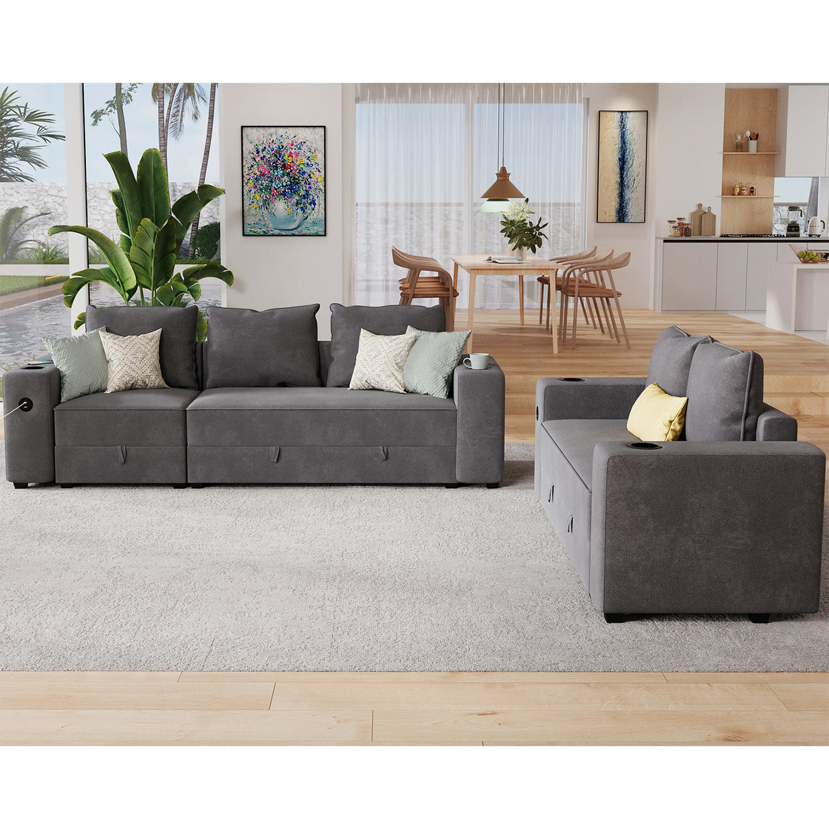 Amerlife Sweep Sofa Comfort Storage 2 USB Ports & Cup Holders 3-seater ...