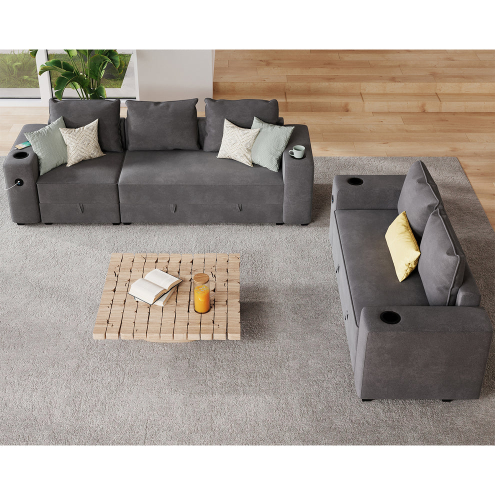 Amerlife Sweep Sofa Comfort Storage 2 USB Ports & Cup Holders 3-seater ...