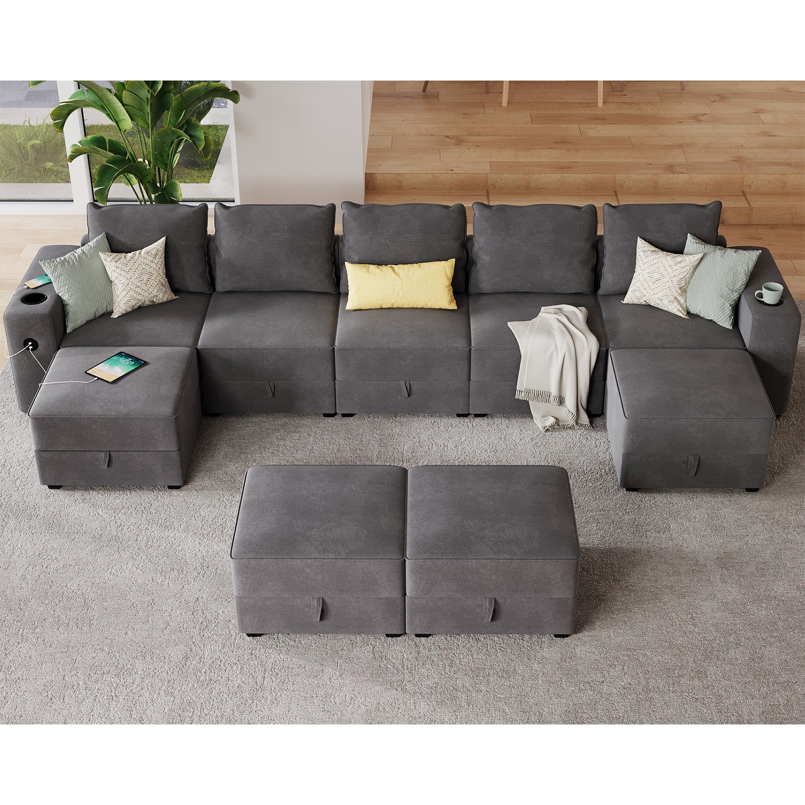 Amerlife Sweep Sofa Comfort Storage 2 USB Ports & Cup Holders 3-seater ...