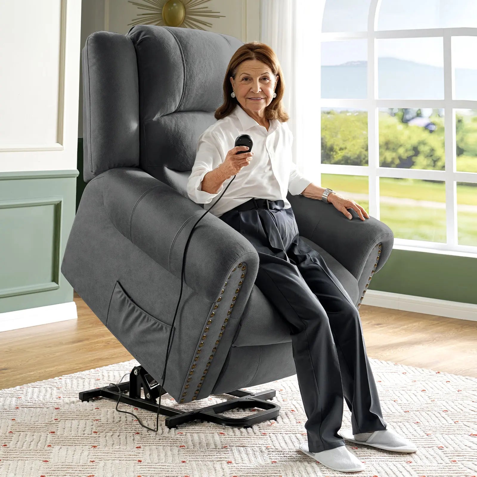 Amerlife Victor Electric Power Lift Chair Recliner for Elderly Adults Oversized Single Sofa Vintage Chair for Living Room Bedroom Nailhead Trim Durable Fabric