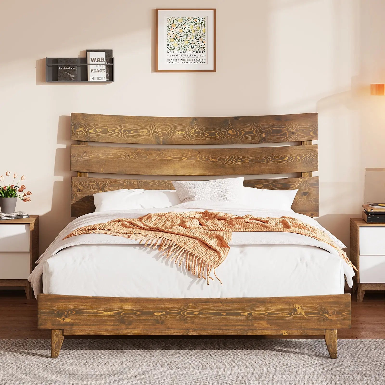Queen bed with wood headboard store