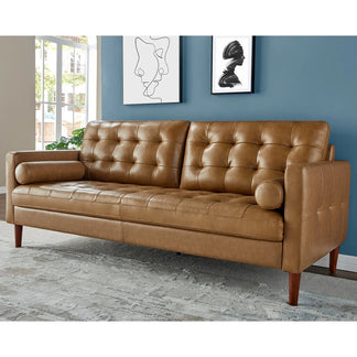 Amerlife Winston Leather Sofa,Mid-Century Modern Genuine Leather Sofa,3 ...
